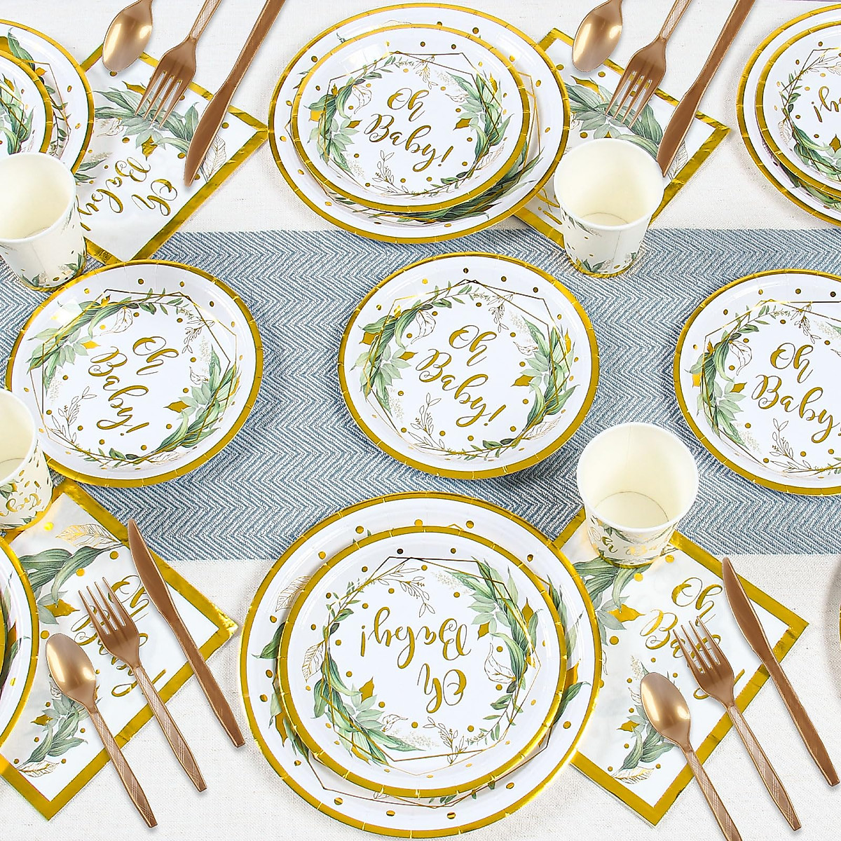 Sage Green Baby Shower Decorations, Oh Baby Theme Neutral Party Tableware Set ; 9" Plates, 7" Plates, Napkins, Cups and Utensils- Floral Gender Reveal Party Supplies for boys & girls -Serve 24