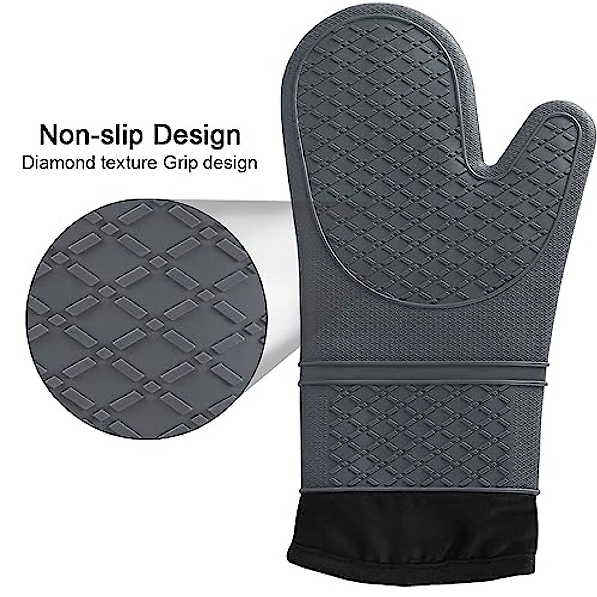 Hvalucen 2Pcs Silicone Oven Mitts Waterproof and Non-Slip Temperature Resistant to 500°F 13 inches Grey