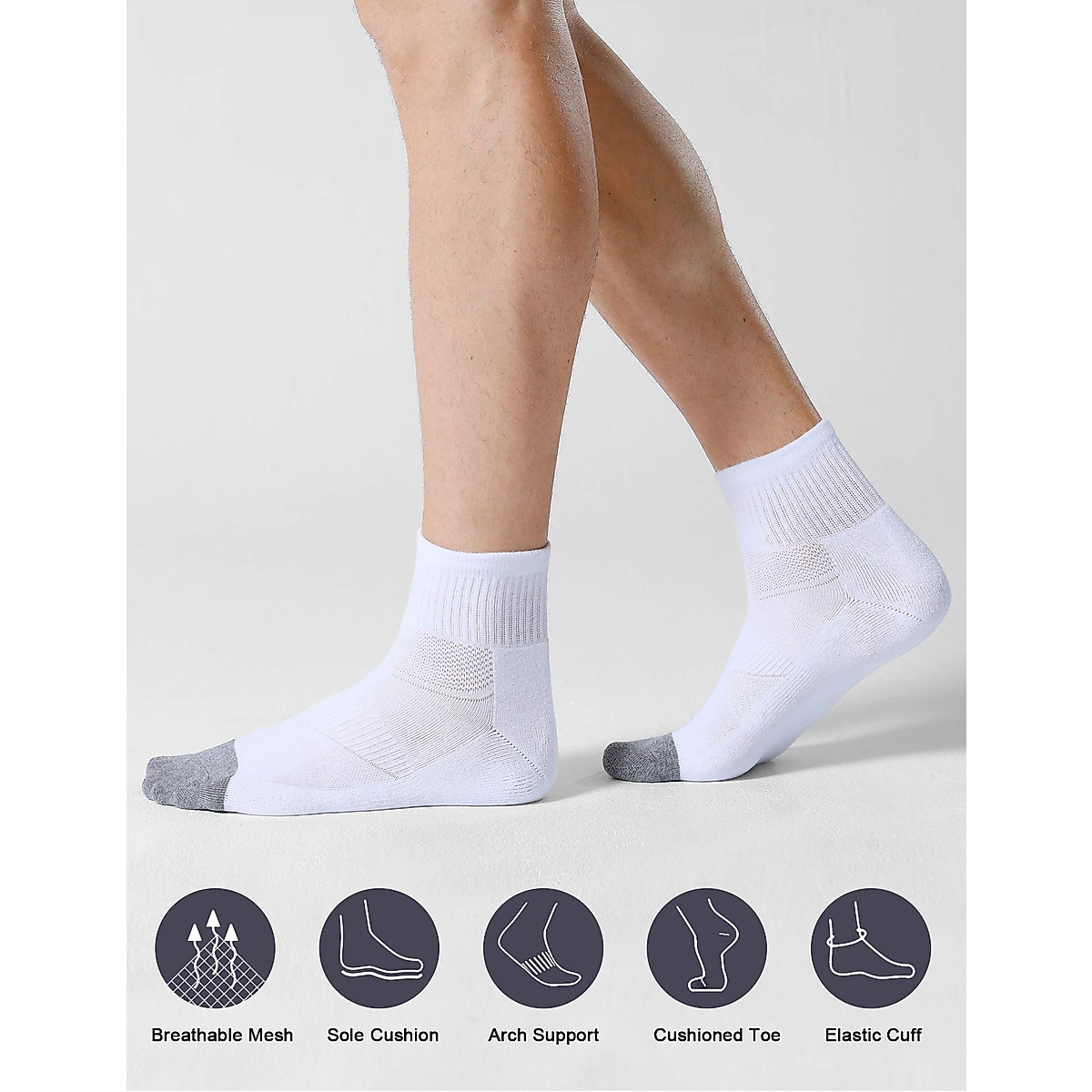 CS CELERSPORT 6 Pack Men's Ankle Socks with Cushion Athletic Running Socks, White, Shoe Size: 9-12