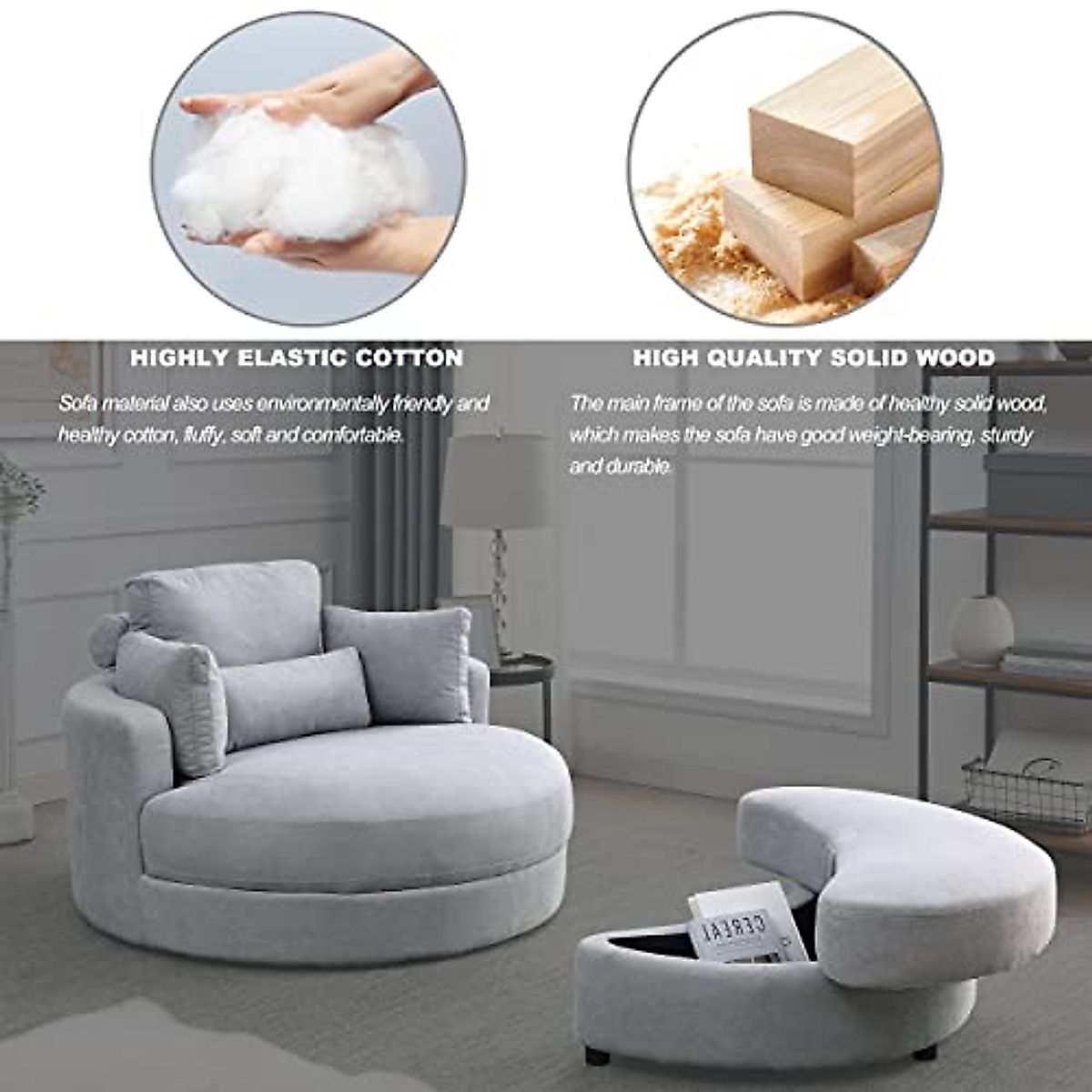 Swivel Accent Barrel Chair with Storage Ottoman,Comfy Teddy Upholstered 360° Recliner Sofa Club Chaise Leisure Round Lounge Armchair Singel Lazy Sofá Arm Chairs and Footrest Set for Living Room/Hotel