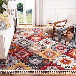 SAFAVIEH Farmhouse Collection 8' x 10' Grey / Red FMH805F Moroccan Boho Tassel Area Rug