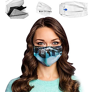 Fubido Landscape Fillter Cloth Face mask for women men,Waterfall Basalt Rocks Rural Park Nature Woods Photo Washable Reusable Windproof Mouth Anti Dust Double Protection Sky Blue Grey Green