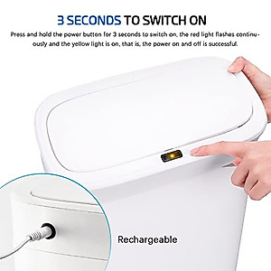 Touchless Trash Can for Bathroom, with Motion Sensor Lid USB Charging / 3.2 Gallon Slim Plastic Narrow Garbage Bin Open Lid/Automatic Smart Wastebasket/for Kitchen, Office, Living Room (White)
