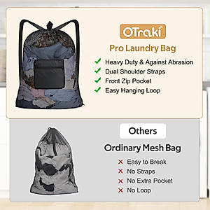 OTraki Mesh Laundry Bag Backpack 36 x 28 Inch Extra Large Drawstring Mesh Wash Bag with Shoulder Straps Zipper Pocket Heavy Duty Dirty Clothes Travel Laundry Bag for Home College Dorm Apartment Black