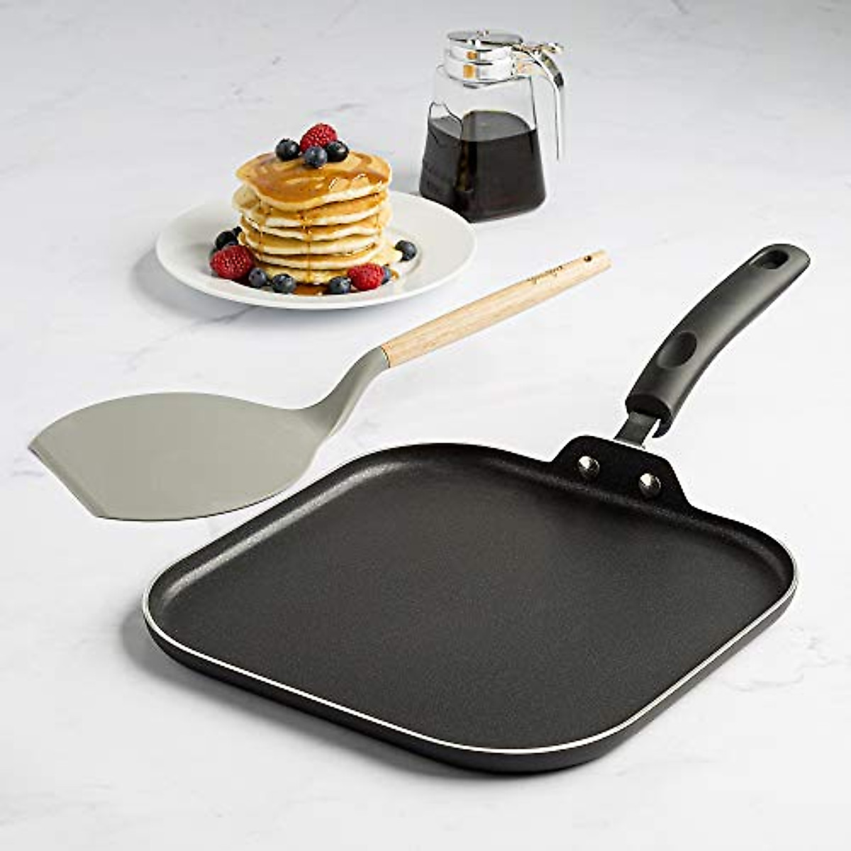Goodful Aluminum Non-Stick Square Griddle Pan/Flat Grill, Made Without PFOA, with Nylon Pancake Turner, Dishwasher Safe Cookware, 11" x 11", Charcoal Gray