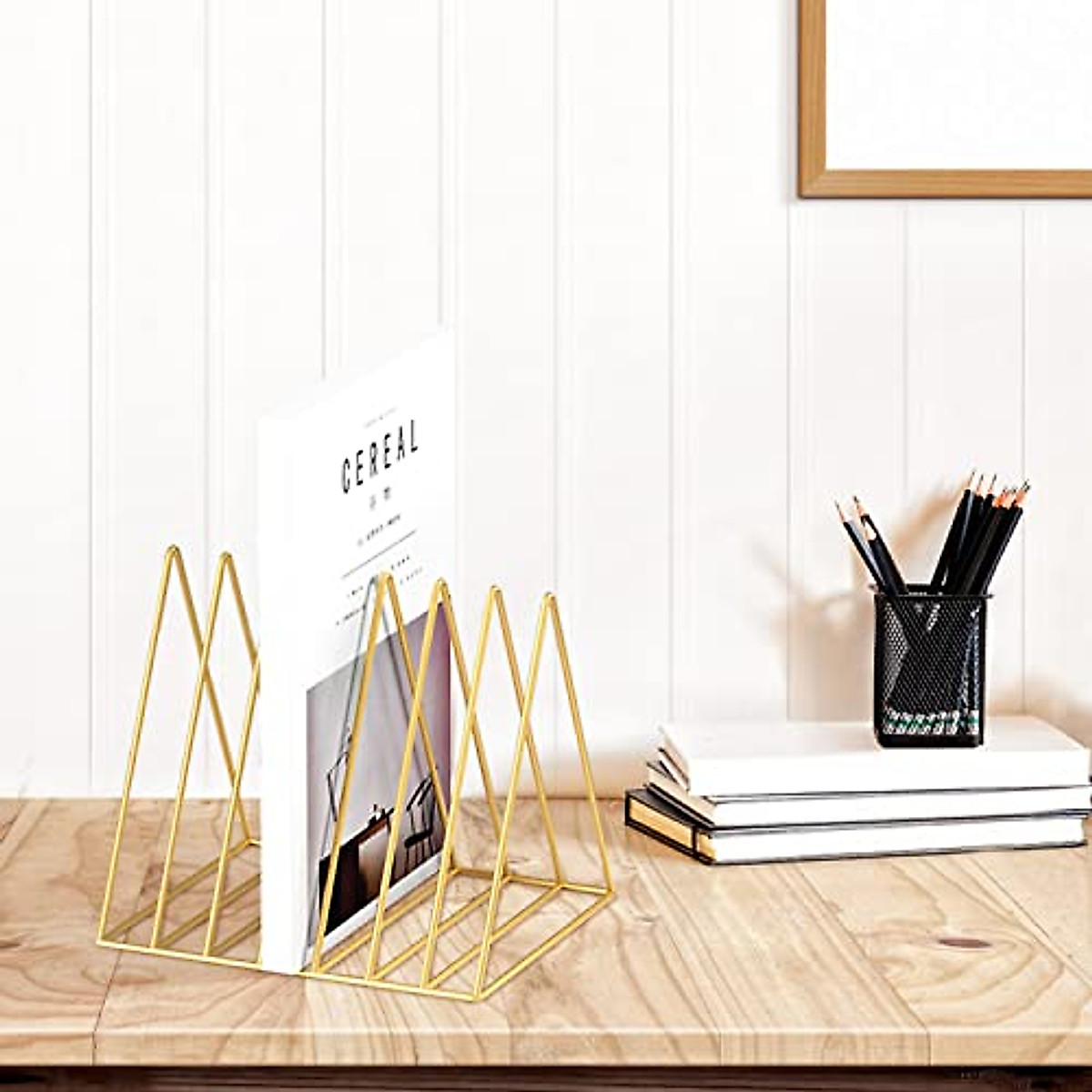 Urban Deco Triangle Desk Organizers Metal Wire Magazine Holder 7 Sections Decorative File Folder Organizer Vinyl Record Storage Office For Desk - Gold Magazine File Holder - Pack of 2