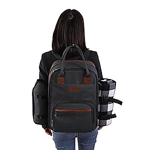 ALLCAMP OUTDOOR GEAR Picnic Backpack for 2 Person Set W/Detachable Bottle/Wine Holder, Fleece Blanket, Plates and Cutlery Set (Black)