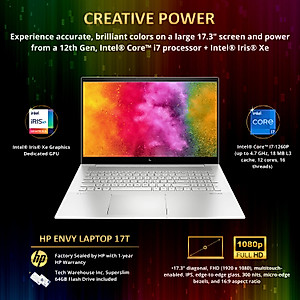 HP Envy 17T 2022 Laptop, i7-1260P 12th gen, 16GB RAM, 1 TB NVMe SSD, 17.3" FHD Touch, Thunderbolt 4, Win 11 PRO, WiFi 6E, B&O Audio, Intel Xe Graphics, Silver, 64GB Tech Warehouse Flashdrive