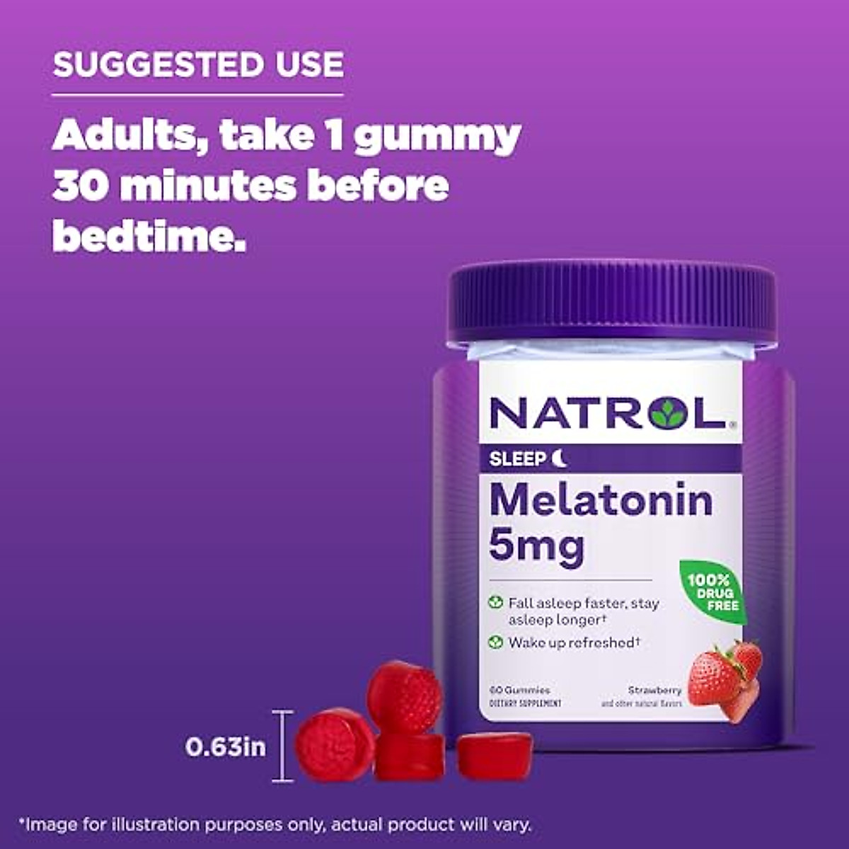 Natrol 5mg Melatonin Gummies, Sleep Support for Adults, Melatonin Supplements for Sleeping, 60 Strawberry-Flavored Gummies, 30 Day Supply