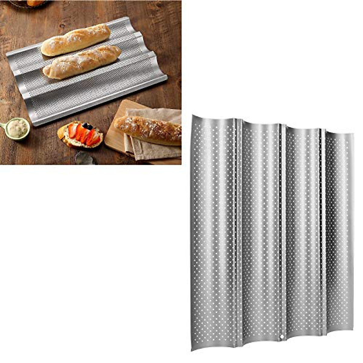 Psytfei Mold Baguette Mold Stainless Steel Silver NonStick MultiGrooves Waves French Bread Pan Baguette Baking Cooking Tray Mold Kitchen Tool(Four grooves)