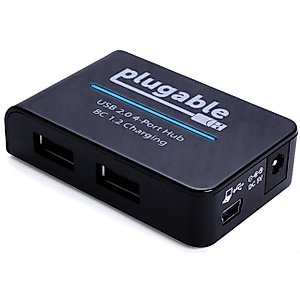 Plugable USB 2.0 4-Port High Speed Hub with 12.5W Power Adapter, Driverless