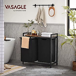 VASAGLE Laundry Basket, 2-Compartment Laundry Hamper, Pull-Out and Removable Laundry Bags, Oxford Fabric, Metal Frame, 2 x 12.2L, 28.7 x 13 x 28.3 Inches, Rustic Brown and Black UBLH201B01