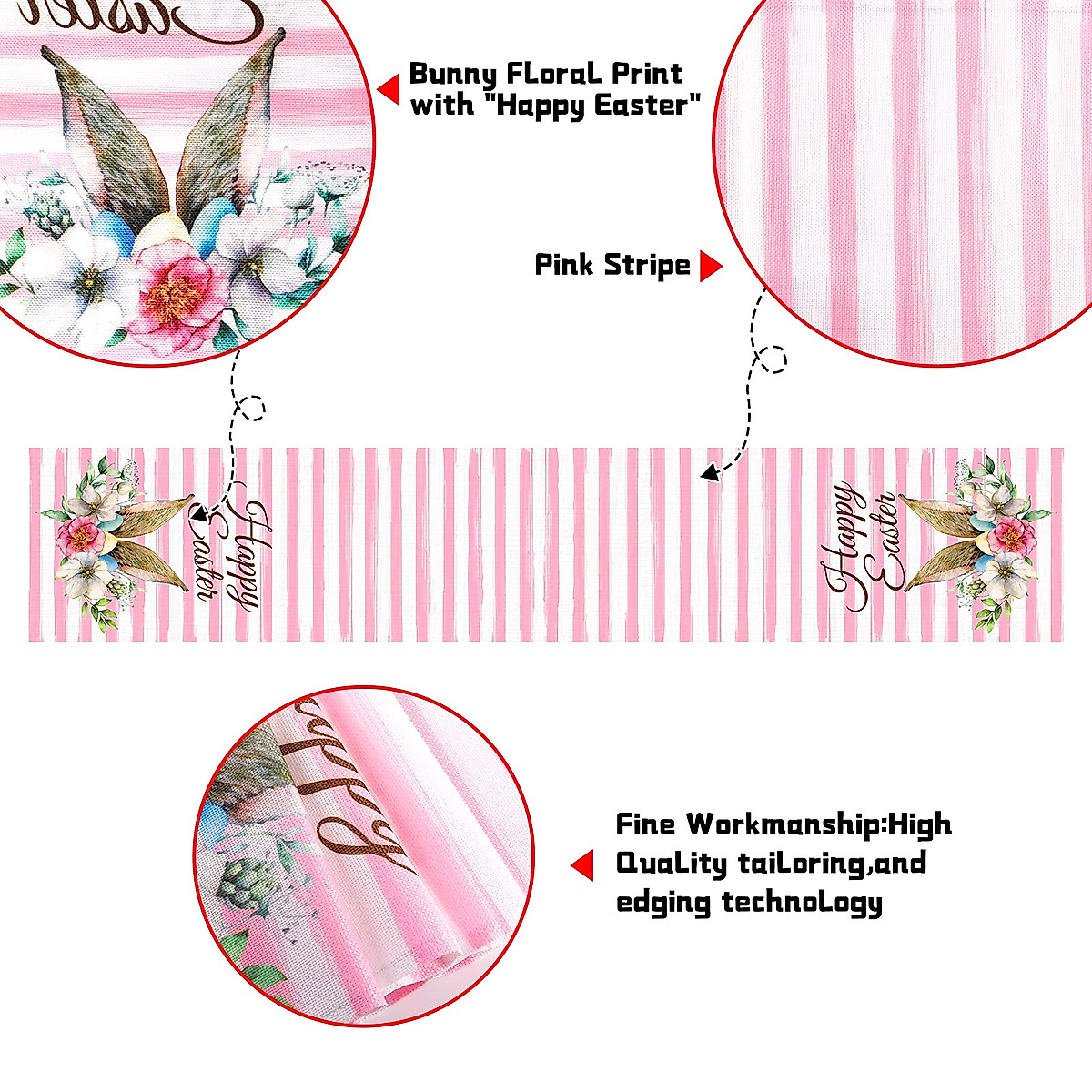 Sping Table Runner 13x72 Inches, Easter Floral Table Runner with Pink Stripe for Easter Spring Holiday Dining Table Party Decorations Events