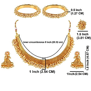 Efulgenz Indian Jewelry Sets for Women Gold Tone Pearl Choker Necklace Indian Bollywood Faux Pearl Beads Bridal Choker Necklace Earrings Bracelet Bangles Ring Jewelry Set