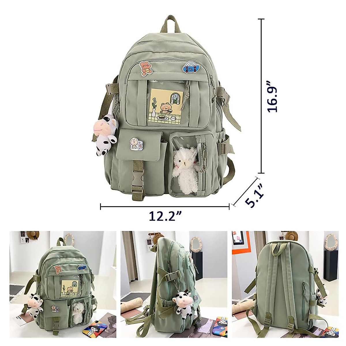 Yoaujeo Kawaii Backpack Lovely Pastel Rucksack for Teen Girls, Cute Aesthetic Bookbag for School with Kawaii Pin and Accessories (Blue)