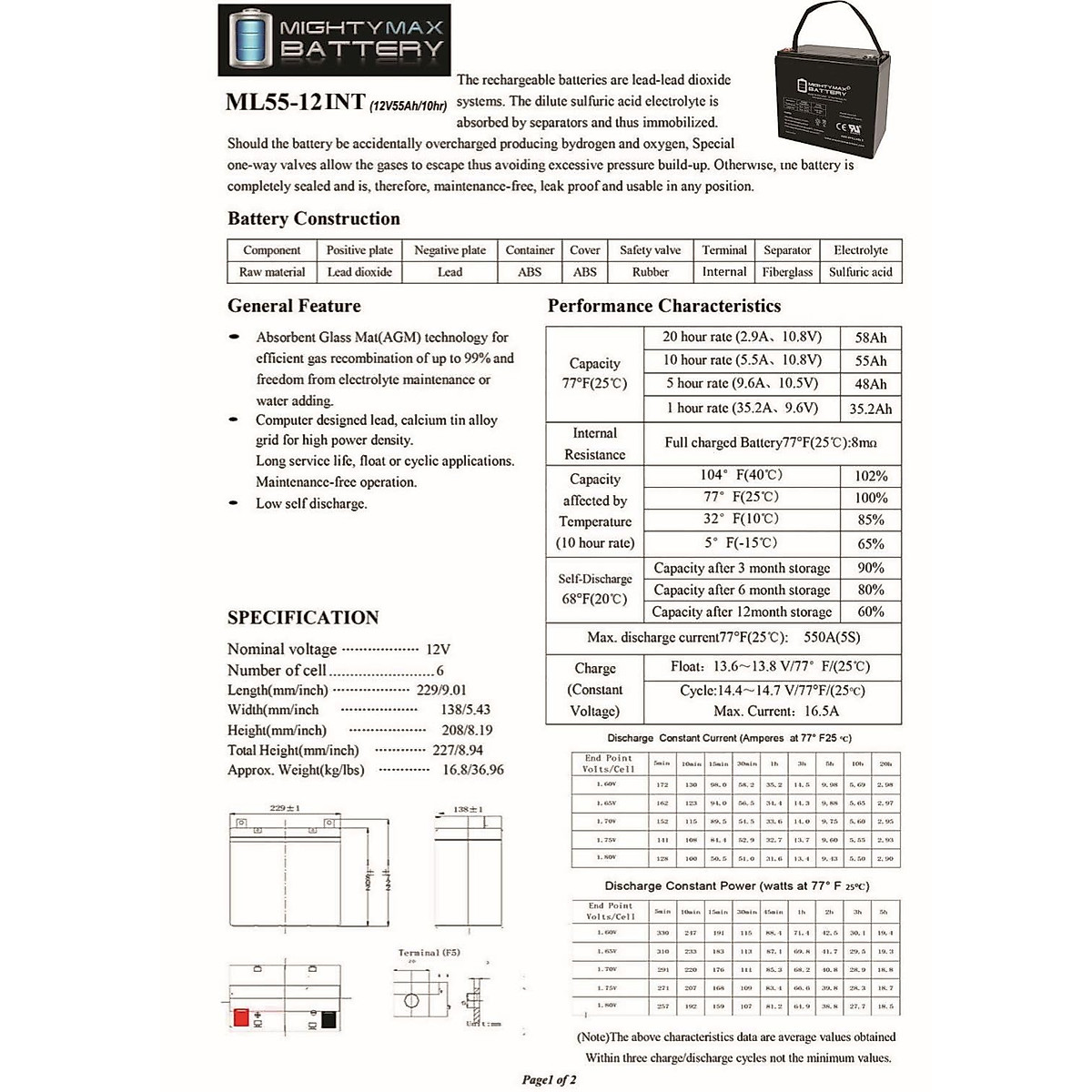 Mighty Max Battery 12V 55AH Internal Thread Replacement Battery Compatible with Minn Kota Endura Trolling Motor