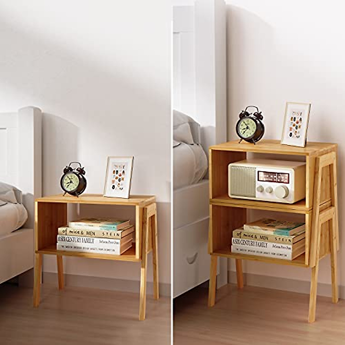 Pipishell Bamboo Stackable End Tables, Wood Living Room Nightstand, Bedside Tables for Bedroom Storage, Set of 2