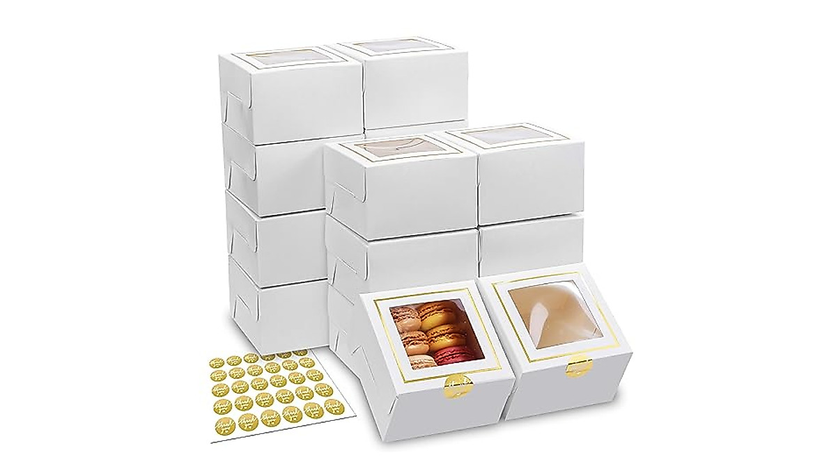 Elegant White Bakery Boxes with Gold Rim & Window - Mint Living