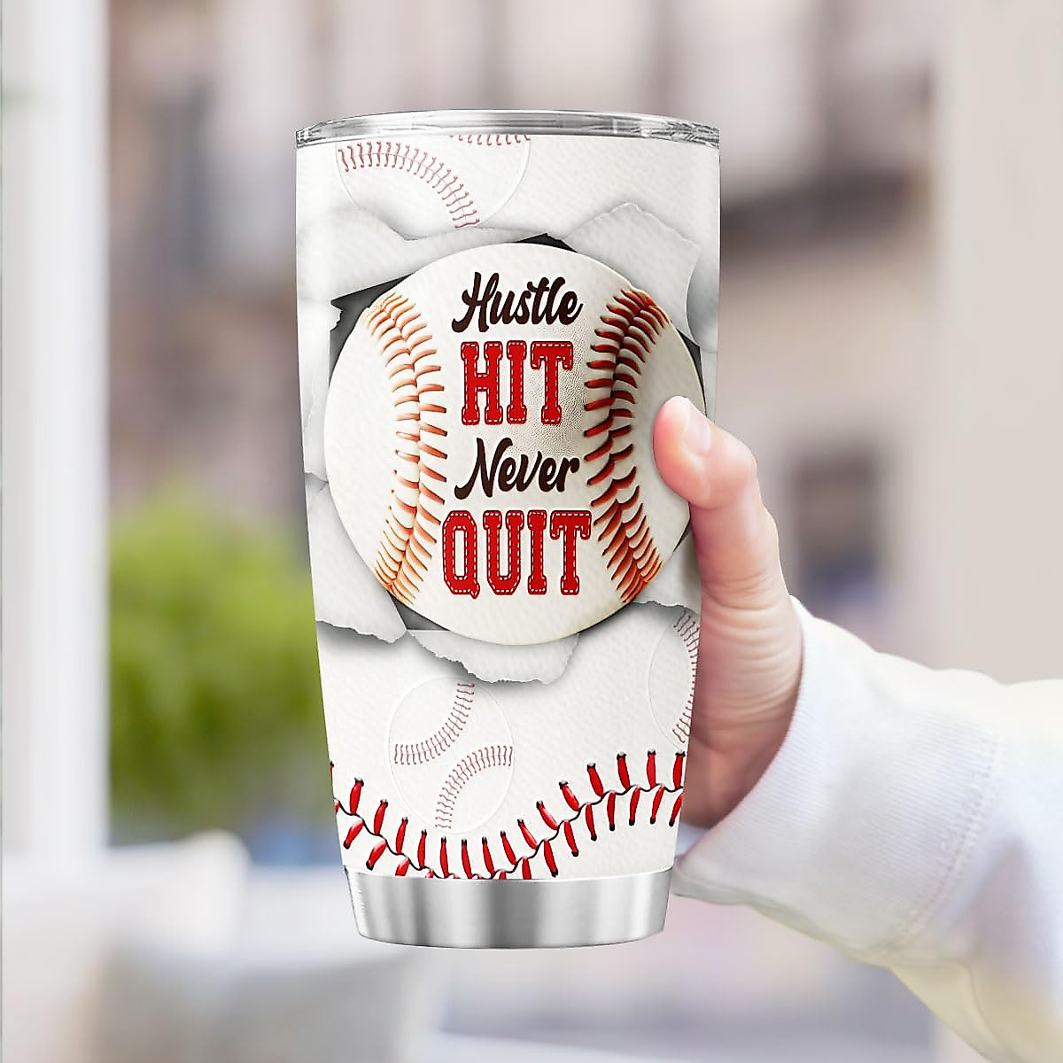 JENOIS Hustle Hit Baseball, Tumbler 20 Oz With Lid And Straw, For Fathers Cup Day Women Coffee Dad Tumblers, Baseball Gifts