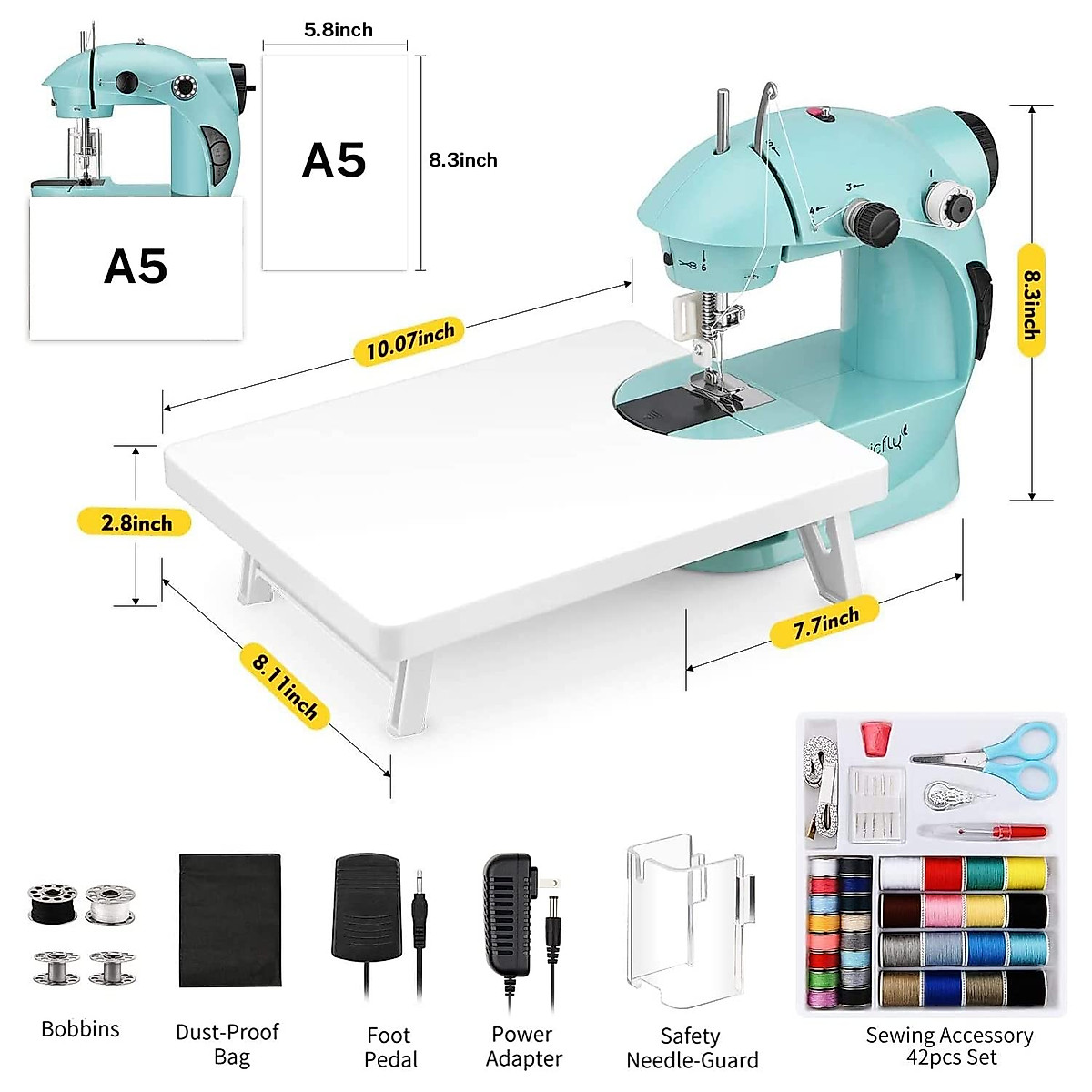 Magicfly Mini Sewing Machine with Extension Table, Dual Speed Portable Sewing Machine for Beginners with Light, Sewing Kit for Household Use, Blue