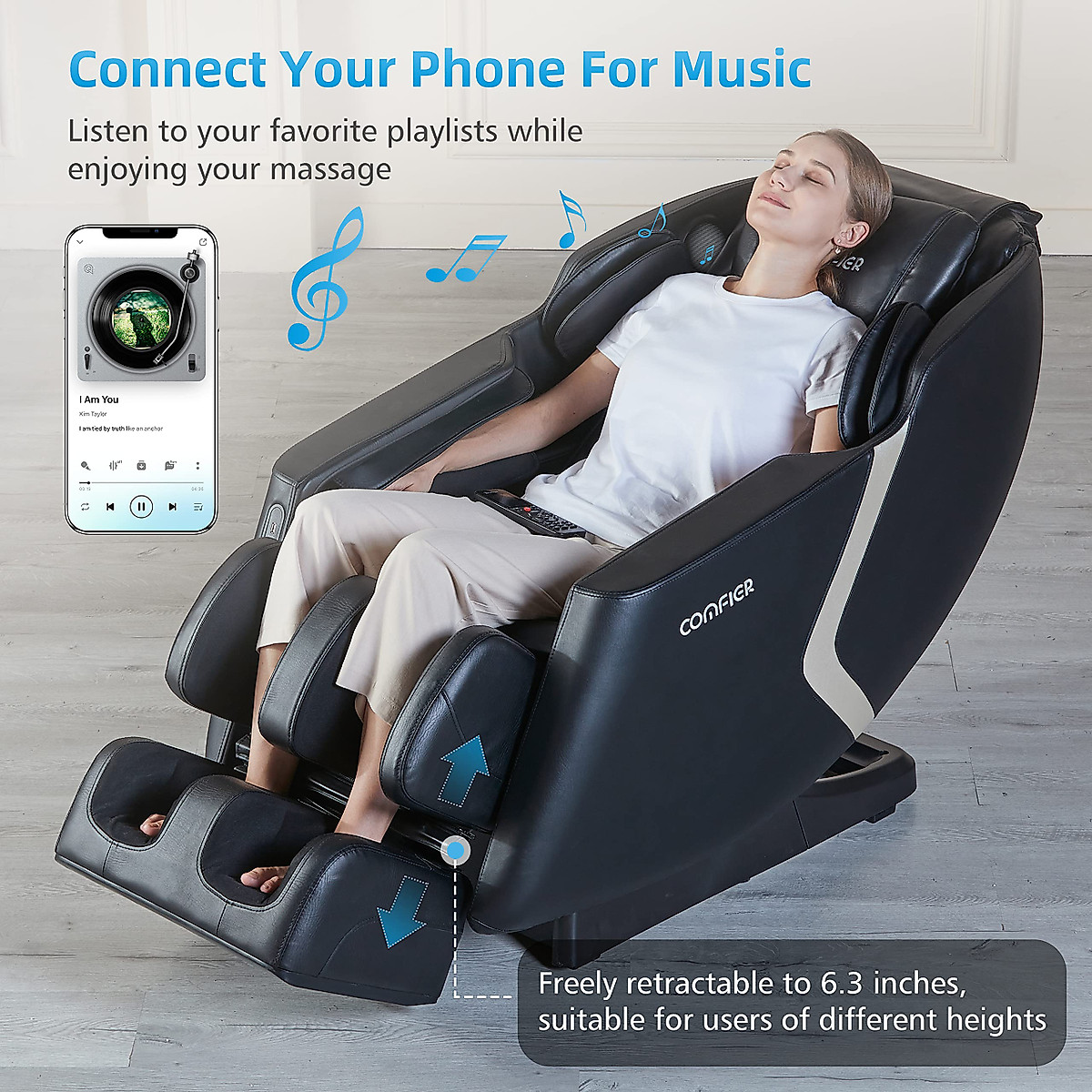COMFIER Full Body Massage Chair,Massage Recliner Chair, Zero Gravity,Shiatsu Deep Kneading, 6 Auto Program,Air Compression,Heat,Bluetooth Speaker,Rolling,Chair Massager, Black
