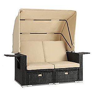 MAGIC UNION Outdoor Furniture Wicker Loveseat Sofa Set with Retractable Canopy, Rattan Patio Seating Chairs Poolside Sunbed with Ottomans, Khaki Cushions for Backyard