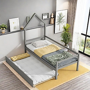 ChicFurnit Twin Size Bed Frame, Wooden Day Bed with House-Shaped Headboard, Platform Bed Frame with Pull-out Trundle & Guardrail for Kids, Floor Bed Frame for Living Room, Bedroom and Guest Room, Grey