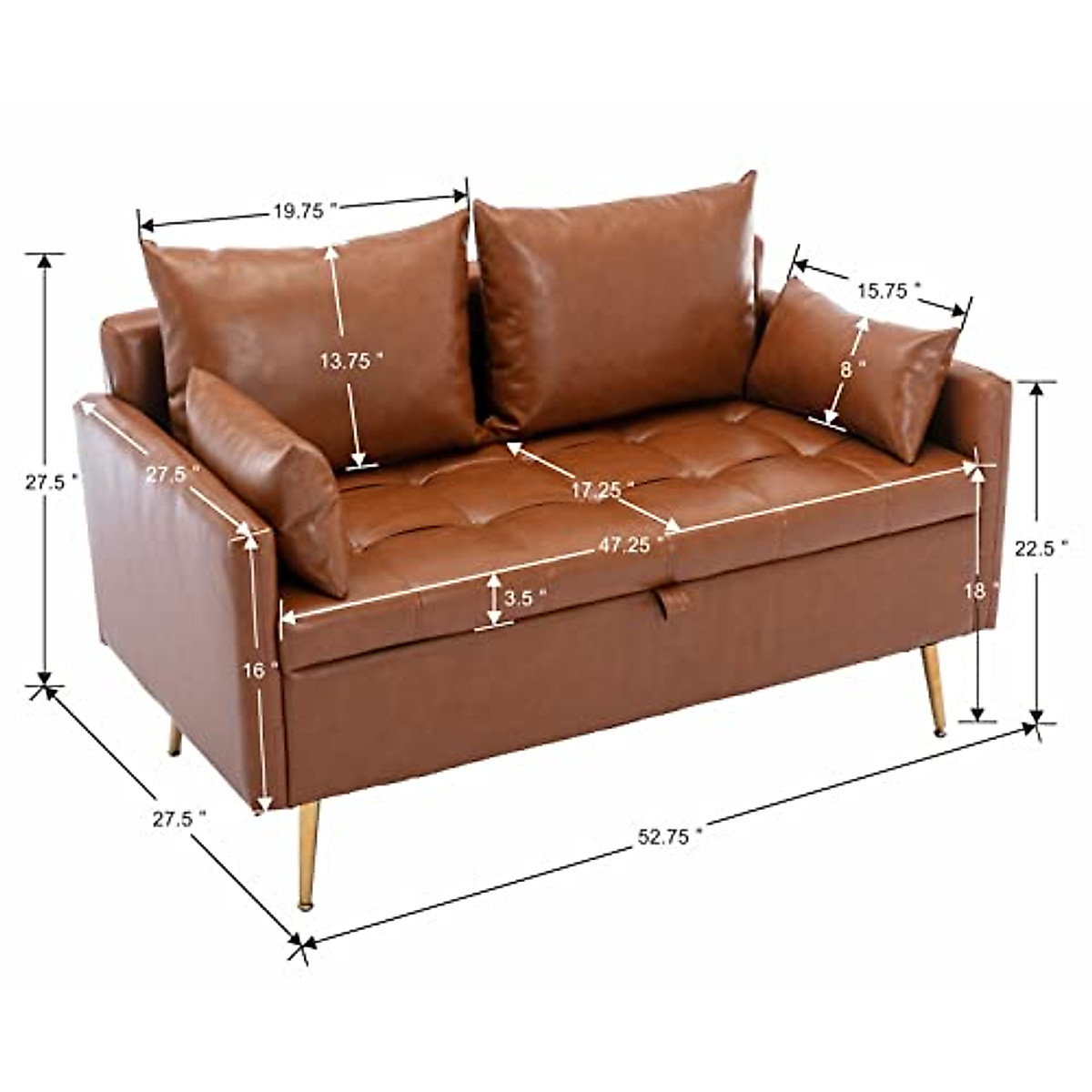 DM Furniture 53" Faux Leather Loveseat with Storage, Modern Button Tufted Mini Sofa Couches for Living Room/Bedroom/Office/End of Bed, PU Brown