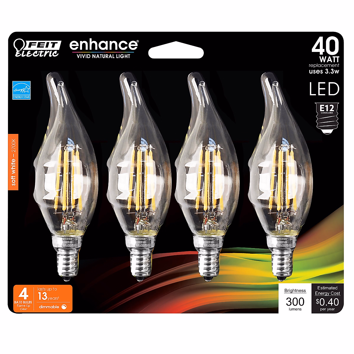 Feit Electric Candelabra LED Light Bulbs, Dimmable, 40W Equivalent, E12 Base, 2700K Soft White, Vintage B10 Filament Candle Light Bulb for Chandelier, BPCFC40927CAFIL/4/RP, 4 Pack
