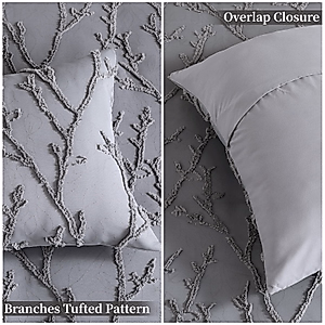 GlowSol Grey Duvet Covet Set Branches Jacquard Tufted Pattern, 3 Pieces Bedding Set Super Soft Embroidery Shabby Chic Bedding Duvet Cover, 90"×90" + 20"×26"×2