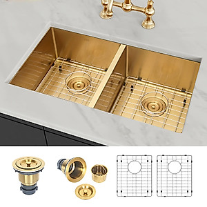 LQS Undermount Kitchen Sink Double Bowl 31 Inch Gold Colour, Stainless Steel Double Bowl Kitchen Sink, Double Bowl Kitchen Sinks with Accessories