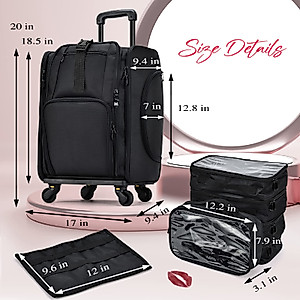 Costravio Professional Makeup Case Soft-Sided Make-Up Artist Travel Case Nylon Cosmetology Rolling Train Case on Wheels for Hair Stylist Nail Tech Storage Cosmetic Organizer with Removable Bags Black