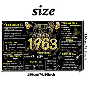 ArtAubrey Black Gold 61th Birthday Party Banner, 61th Birthday Decorations for Women Men, Back in 1963 Backdrop Party Supplies, 61 Year Old Photography Background