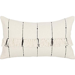 Piper Classics Farmcloth Stripe Pillow Cover w/ Fringe, 12" x 20", Urban Rustic Farmhouse Style, Boho Chic, Natural Cream w/ Black Stripes