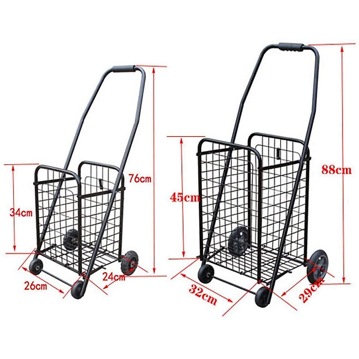 Shopping Trolley on Wheels Multi Function Shopping Cart Portable Folding Wrought Iron Trolley Luggage Trailer Special Spray Treatment Intimate Basket Buckle Storage Hand Trucks,Black,88Cm
