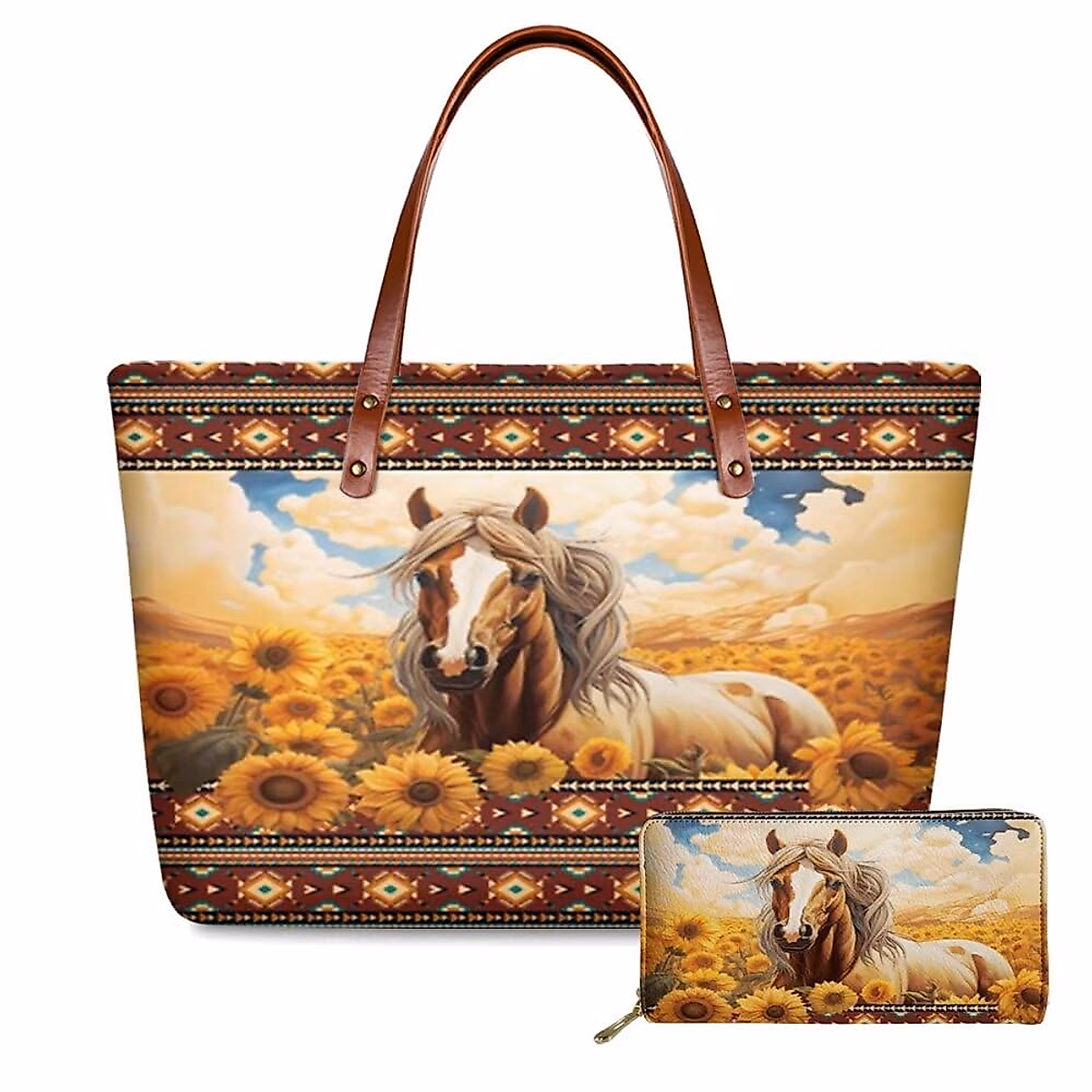 FKELYI Pink American Flag Camo Deer Hunting Handbag+Wallet Set for Women Girls Large Capacity Top-Handle Bags Travel Shopping Beach Shoulder Bags Purse