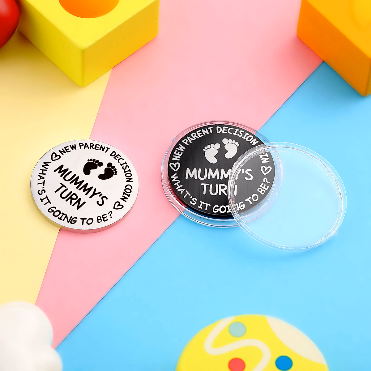 Hicarer 2 Pieces Fun New Parents Decision Coin Double Sided Decision Making Coin New Baby Pregnancy Gift for First Time Mommy Daddy Push Present for Christmas Thanksgiving Sliver and Black