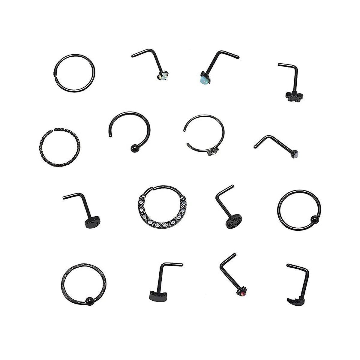 WASOLIE 16PCS 20G Black Nose Studs for Women L Shape Nose Screw Stainless Steel Hypoallergenic Nostril Piercing Jewelry Men Black Nose Piercing Rings with gems.