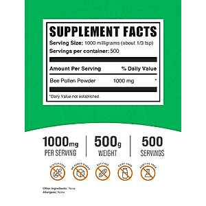 BulkSupplements.com Bee Pollen Powder - Superfood Supplement, Bee Pollen Supplement - for Immune Support, Natural & Gluten Free, 1000mg per Serving, 500g (1.1 lbs) (Pack of 1)