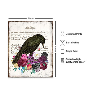 The Raven Edgar Allan Poe Decor - Gift for Medieval, Gothic, Wicca, Wiccan, Witchcraft, Occult Fan, Women - Goth Wall Art - Creepy Poster for Bedroom, Living Room - Crow, Roses, Flowers Picture