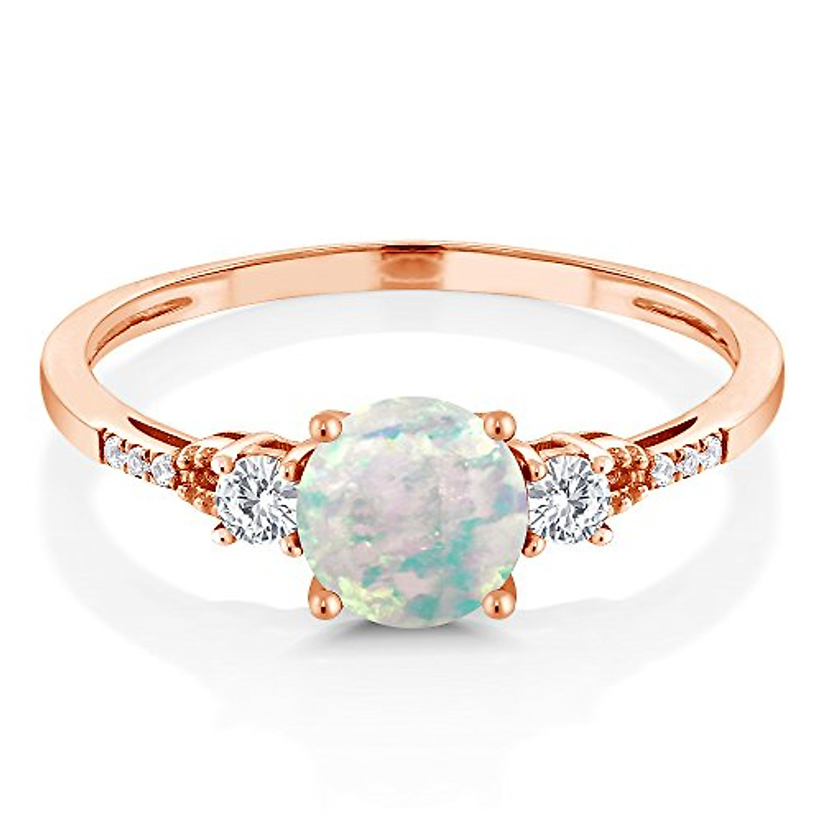 Gem Stone King 10K Rose Gold 6MM Round Gemstone Birthstone White Created Sapphire and White Diamond Accent 3-Stone Engagement Ring | Three-Stone Wedding Anniversary Promise Ring For Women