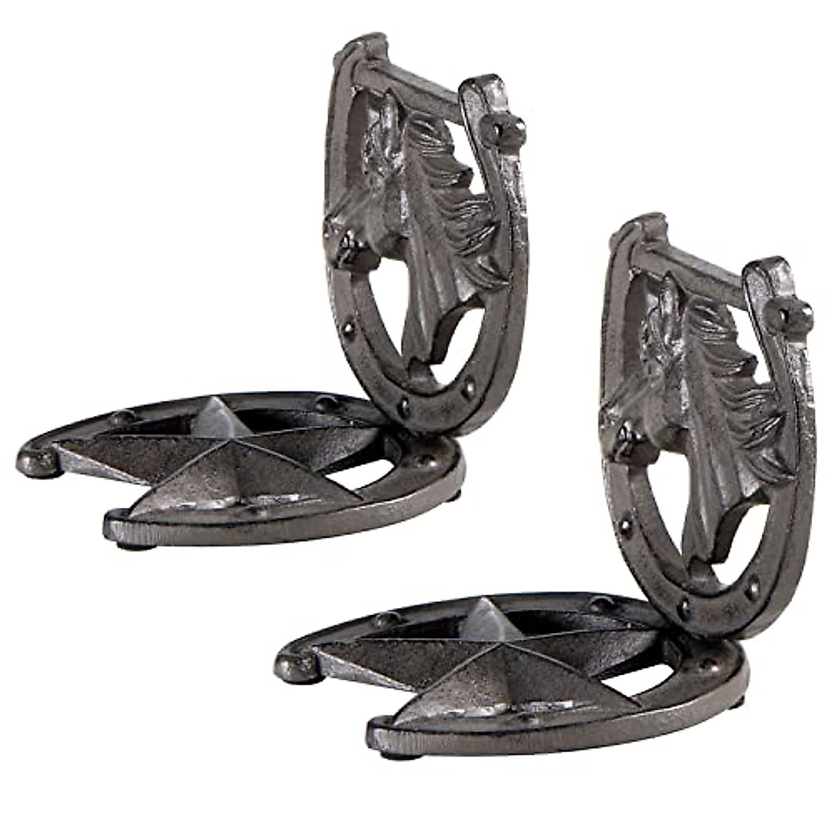 MyGift Dark Brown Cast Iron Decorative Bookends for Heavy Books, Western Theme Home Office Decoration, Bookshelf Decor with Horse, Horseshoe and Star Design, 1 Pair