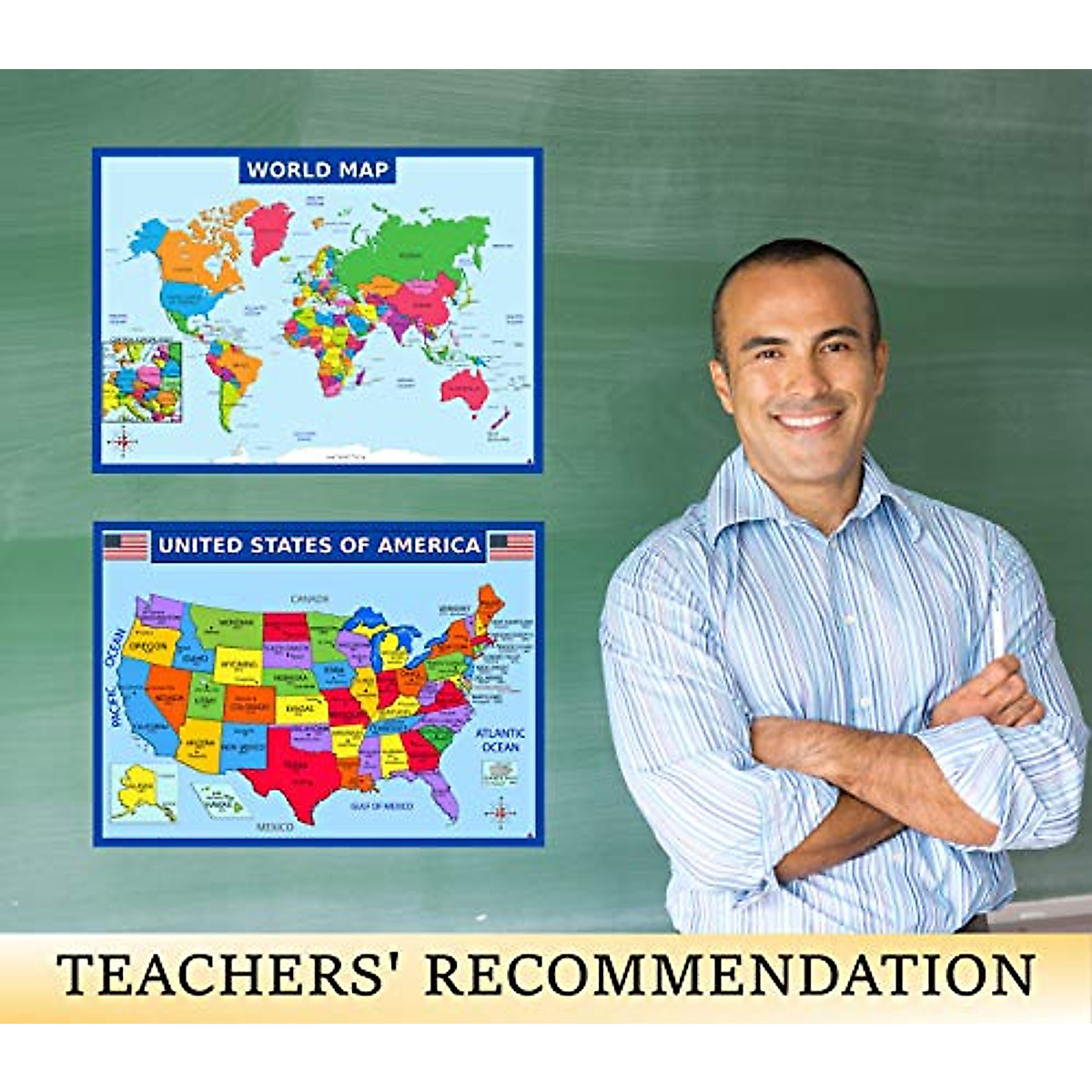 World Map Poster, United States USA Map, Solar System Posters for Kids - Laminated, Size 14x19.5 in.- Educational Posters for Elementary Classroom Decorations, Teacher Supplies (Maps and Solar)