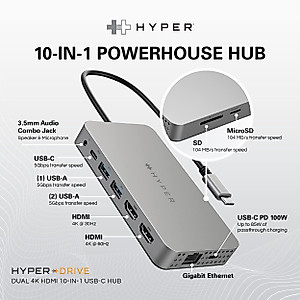 HyperDrive 4K Dual HDMI USB C Hub M1 MacBook 10in1: Dual 4K HDMI, Gigabit Ethernet, USB-A, USB-C, USB-C 100W Power Delivery, MicroSD/SD, Headphone Jack for MacBook Pro/Air(M1), Windows PC, Chromebook