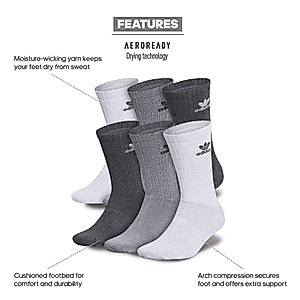 adidas Originals Trefoil Crew Socks (6-Pair), Grey/Onix Grey/Black, Large