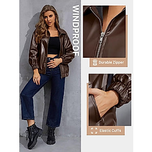 PITINAN Brown Leather Jacket Women Long Sleeve Warm Womens Faux Leather Jacket Motorcycle Jacket Fall Coat 2023 Trendy Leather Jacket for Women Bomber Jacket Brown L