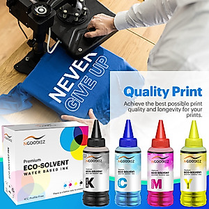 NGOODIEZ Eco Solvent Ink - Water Based Printer Ink, Fast Drying Refill Ink Bottle for Epson EcoTank, & WF Series Printers - Ideal for HTV, Vinyl Stickers, Decals, T-Shirts, Mugs (1B/1C/1Y/1M, 400ml)