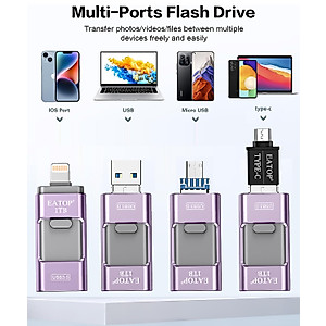 EATOP USB 3.0 Flash Drive 1TB Intended for iPhone iPad, USB Memory Stick External Storage Thumb Drive Photo Stick Compatible with iPhone/iPad/Android and Computer (Light Purple)