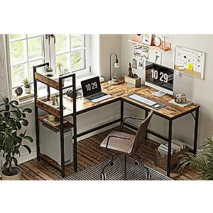 CubiCubi L Shaped Desk with Storage Shelves, Computer Corner Desk for Home Office, Writing Gaming Study Desk Table with Bookshelf, Space Saving, Brown