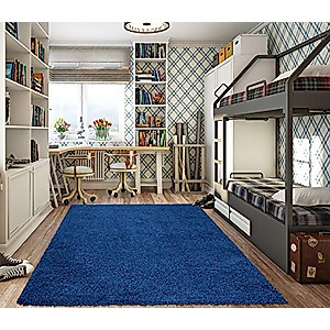Sweethome Stores Cozy Collection Plush Luxurious Solid Navy Solid Design (5' X 7') Shag Living Room & Bedroom Area Rug